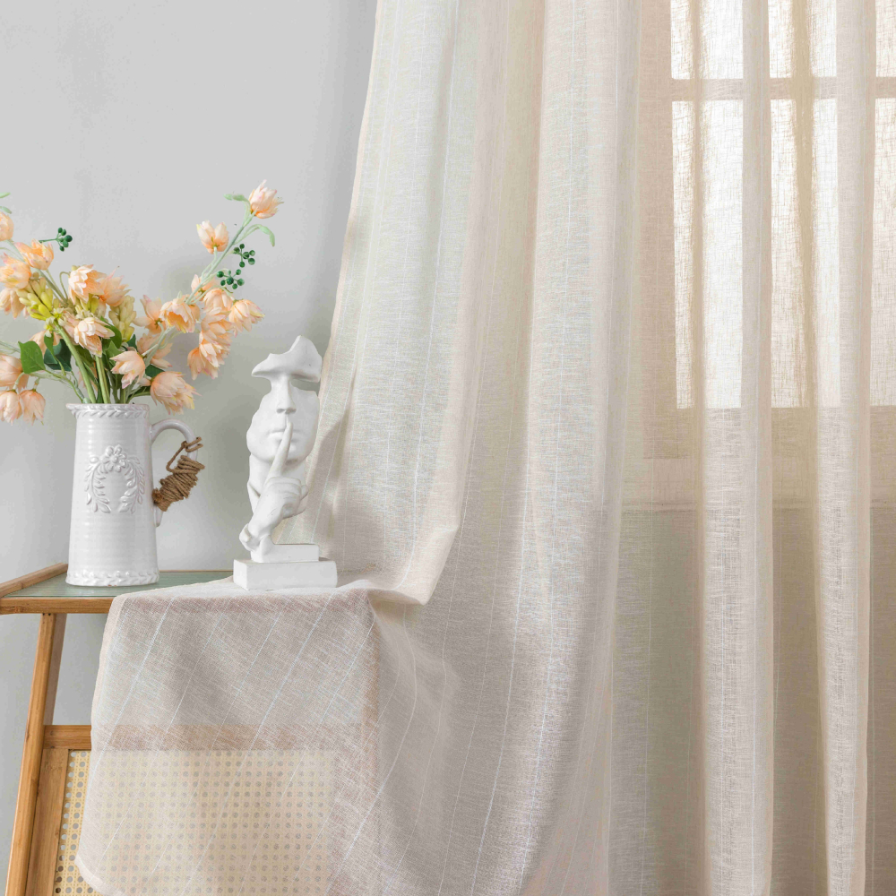 Κουρτίνα Λινή Ημιδιάφανη Καρό Μπεζ Με Τρέσα Υ290xΦ270cm 6044-1